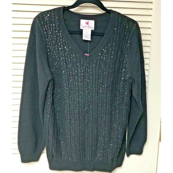 Quacker Factory | Sweaters | Nwt Black Sequin Cable Knit Sweater Womens ...